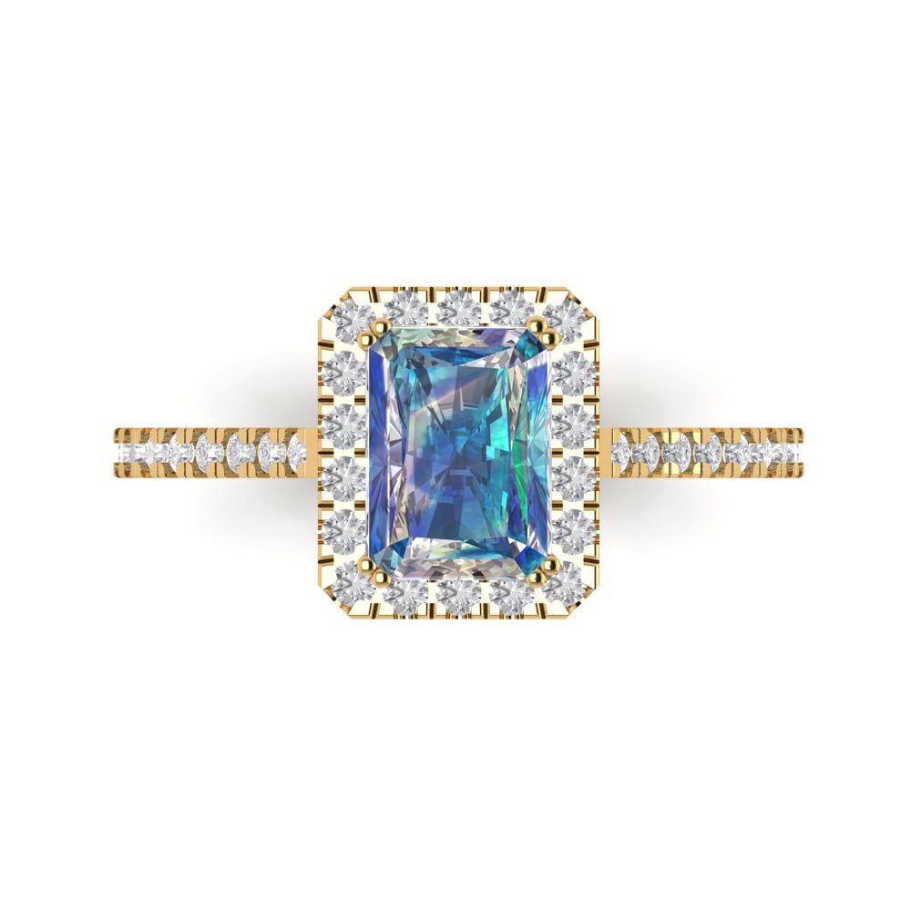 1.86 ct Emerald Cut Blue Moissanite Solitaire with Simulated Diamond Accents 18K Yellow Gold ...