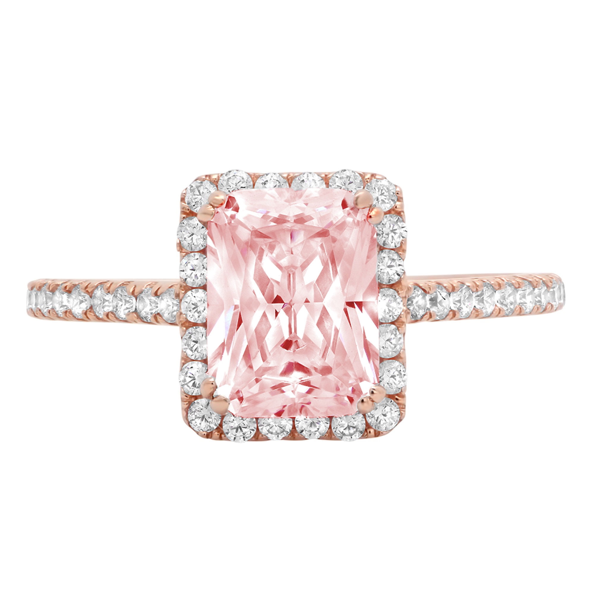 1.86 ct Emerald Cut Simulated Pink Diamond Solitaire with Simulated Diamond Accents 14K Rose ...