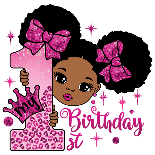1.875" Round Pre-Cut My 1st Birthday African American Cartoon Girl With ...