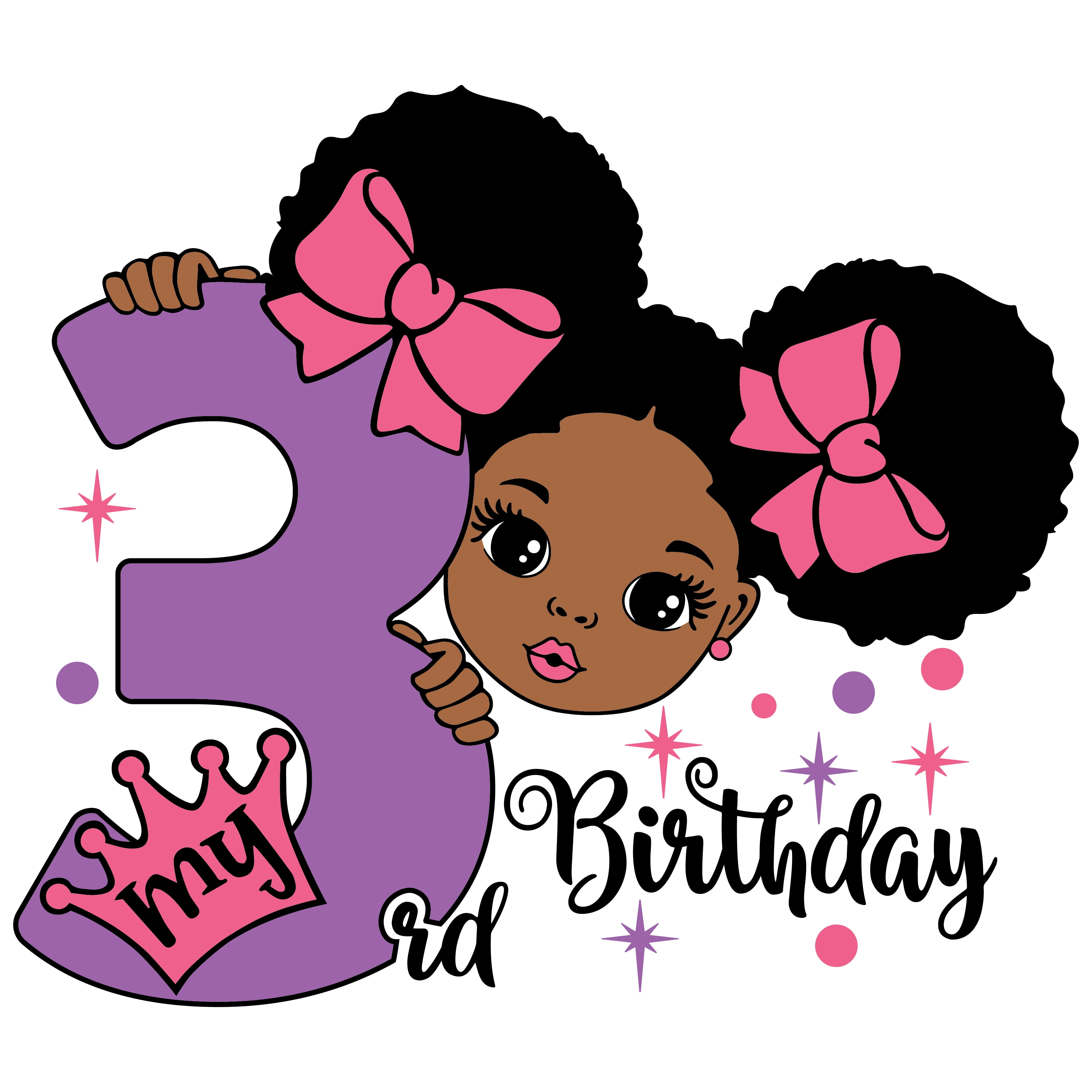 1.875" Round Pre-Cut My 3rd Birthday African American Cartoon Girl ...