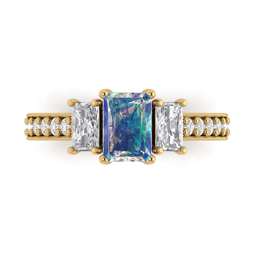 1.88 ct Emerald Cut Blue Moissanite Three-Stone Engagement Ring for ...
