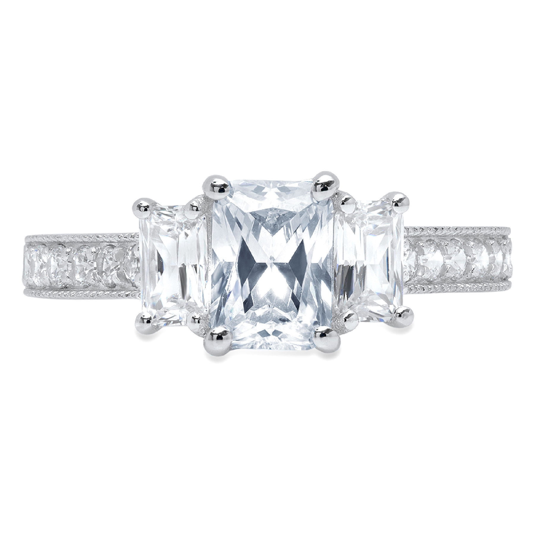 1.88 ct Emerald Cut Simulated Blue Diamond 3 Stone 18K White Gold ...