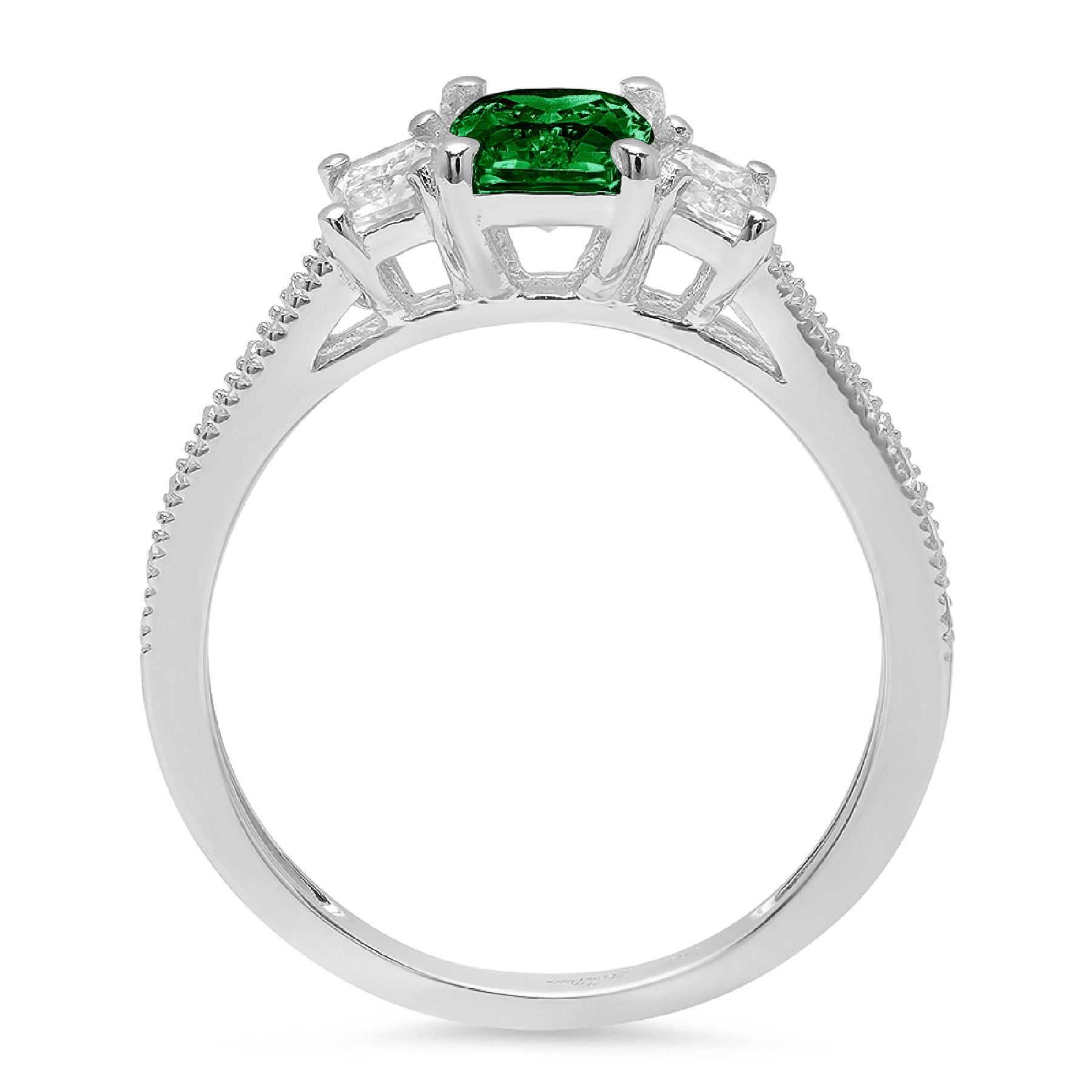 1.88 ct Emerald Cut Simulated Emerald Three-Stone Engagement Ring for Women in 18K White Gold ...