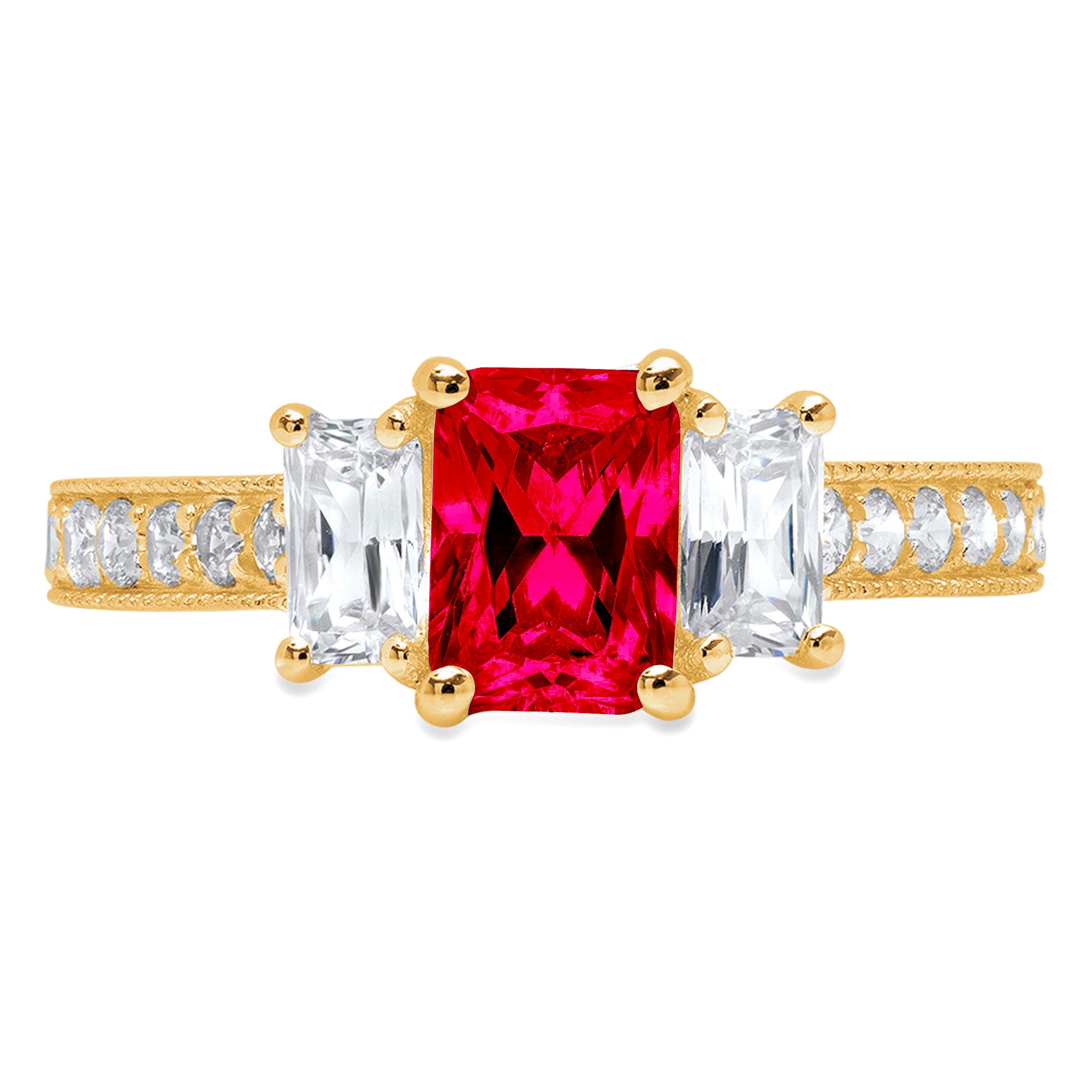 1.88 ct Emerald Cut Simulated Ruby 3 Stone 18K Yellow Gold Womens ...