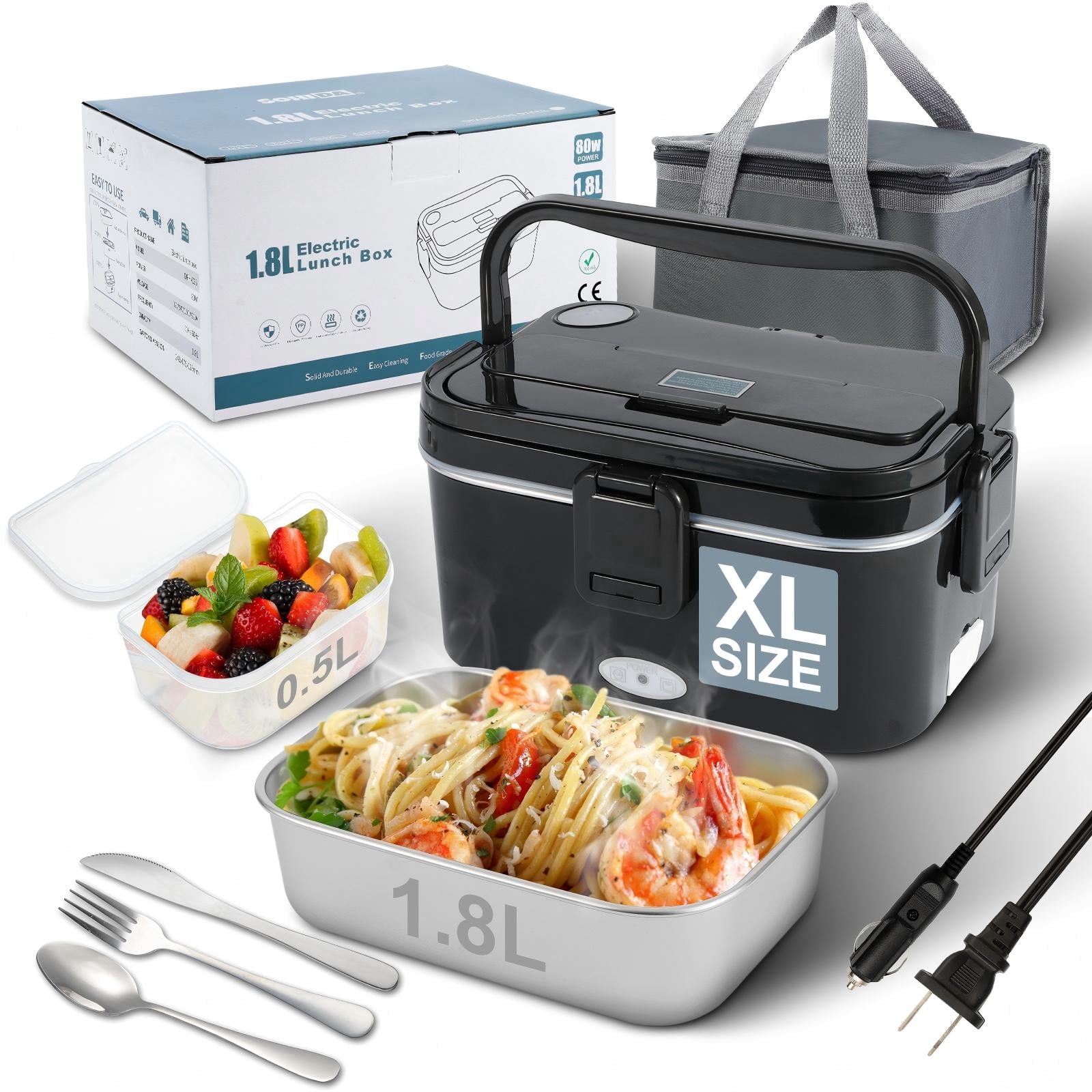 1.8L+0.5L Heated Lunch Box for Men, 80W Electric Lunch Box with Long ...