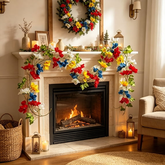1.8M Patriotic Artificial Bougainvillea Garland, Red White Blue Floral ...