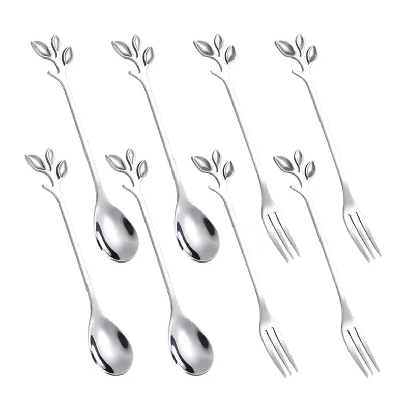 1-8Pcs Leaves Coffee Spoons Creative Stainless Steel Dessert Ice Cream ...