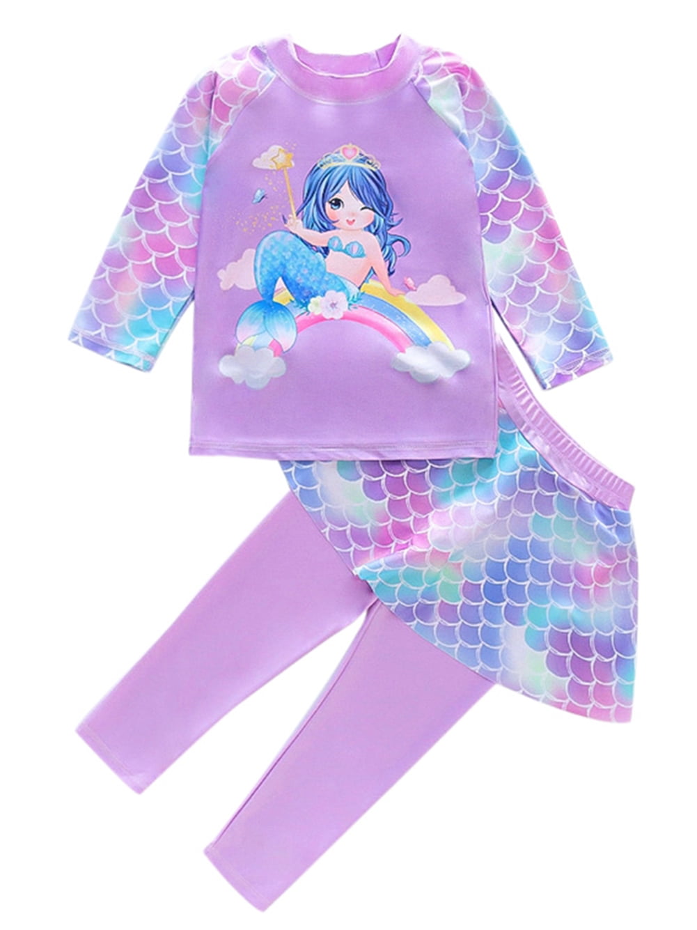 1-8Y Kids Girls Long Sleeve Rash Guard Ruffle Skirt Pants Two Pieces ...