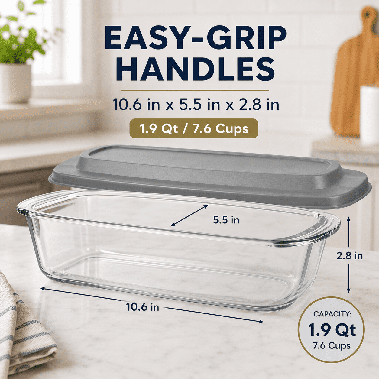 1.9 Qt Glass Loaf Pan with Gray Airtight Lid, 7.6 Cup Borosilicate ...