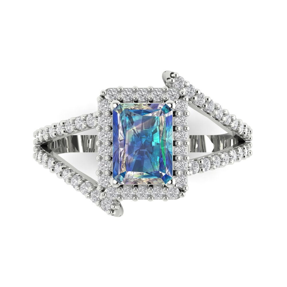1.935 ct Emerald Cut Blue Moissanite with Simulated Diamond Halo Accents 18K White Gold Womens ...