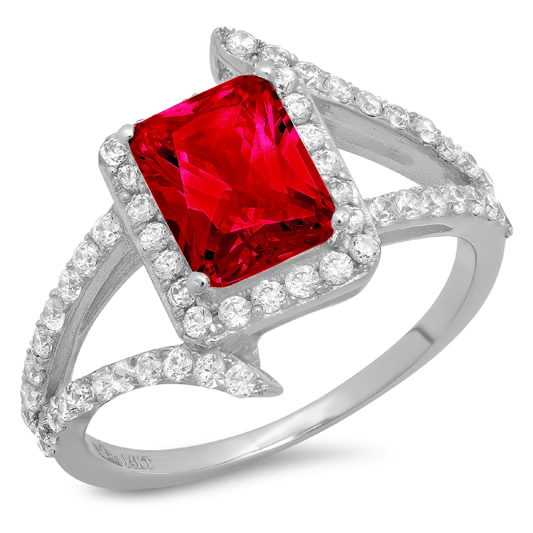 1.935 ct Emerald Cut Simulated Ruby with Simulated Diamond Halo Accents ...