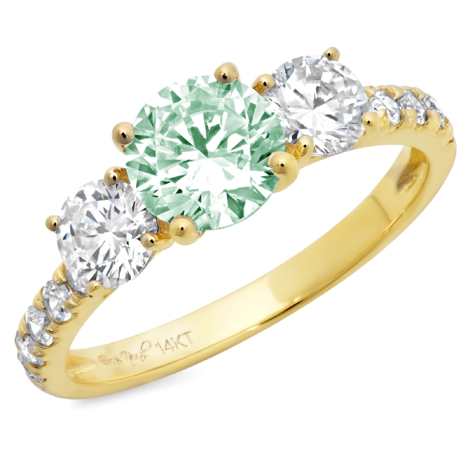 1.97 ct Round Cut Simulated Green Diamond 3 Stone 18K Yellow Gold ...