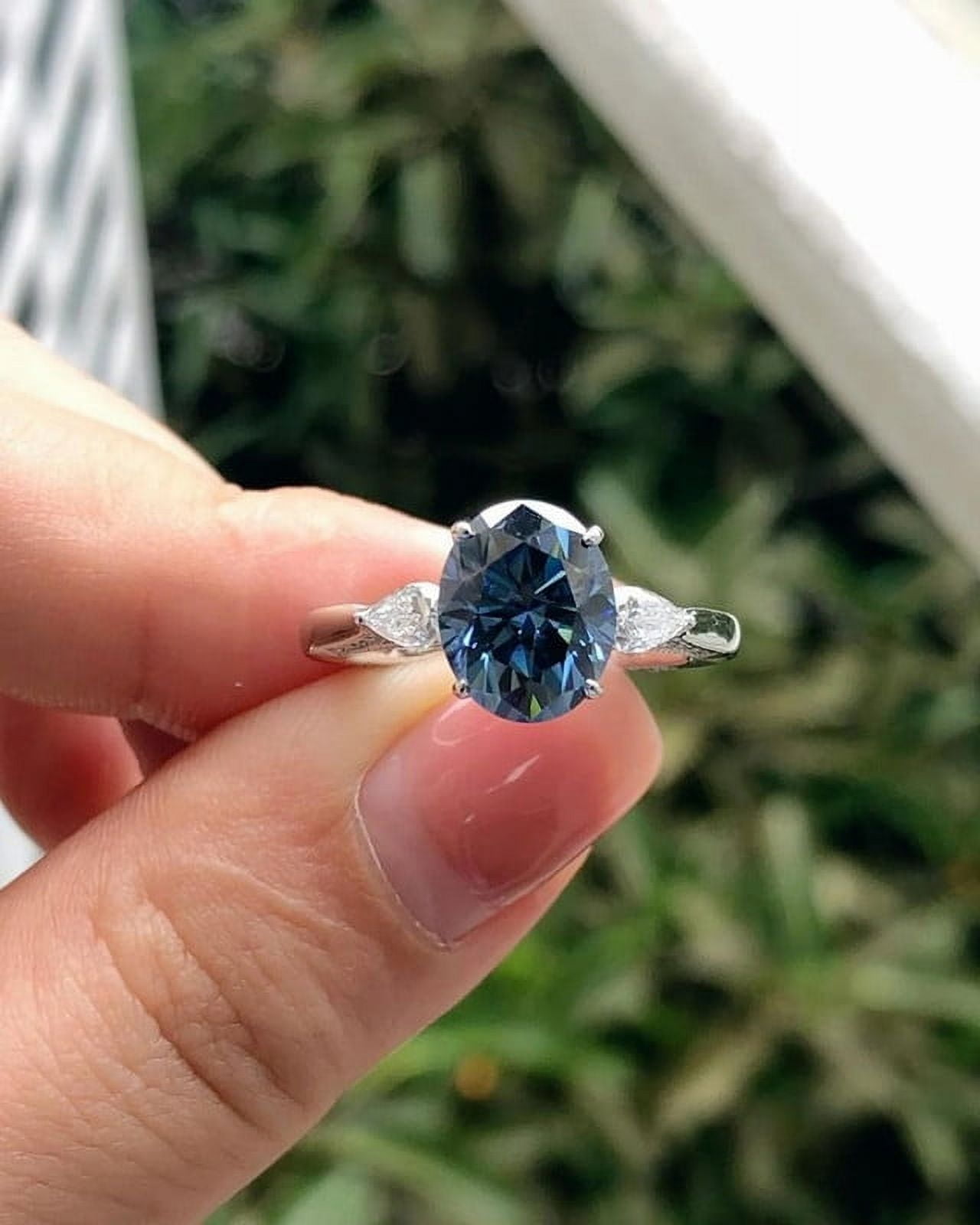 1.98CT Oval Cut Blue Moissanite Hidden Halo Engagement Pear Cut Three Stone Wedding Art Deco ...