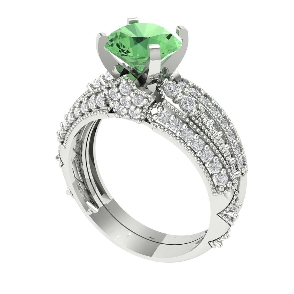 1.99 ct Brilliant Round Cut Green Zircon 18K White Gold Solitaire with Accents Engagement Bridal ...