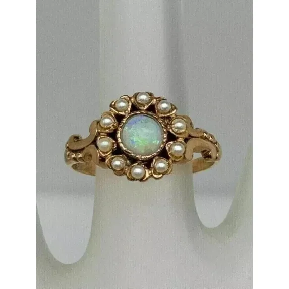 1.9Ct Round Lab Created Fire Opal Antique Victorian Ring 14k Yellow ...