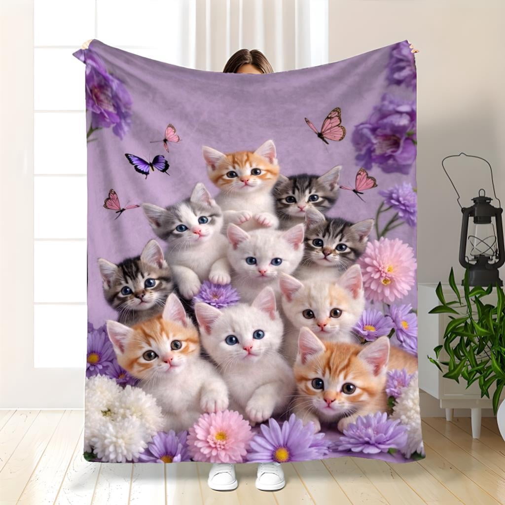 1 Adorable Kitten-Themed Flannel Blanket | Cozy All-Season Bedding with ...