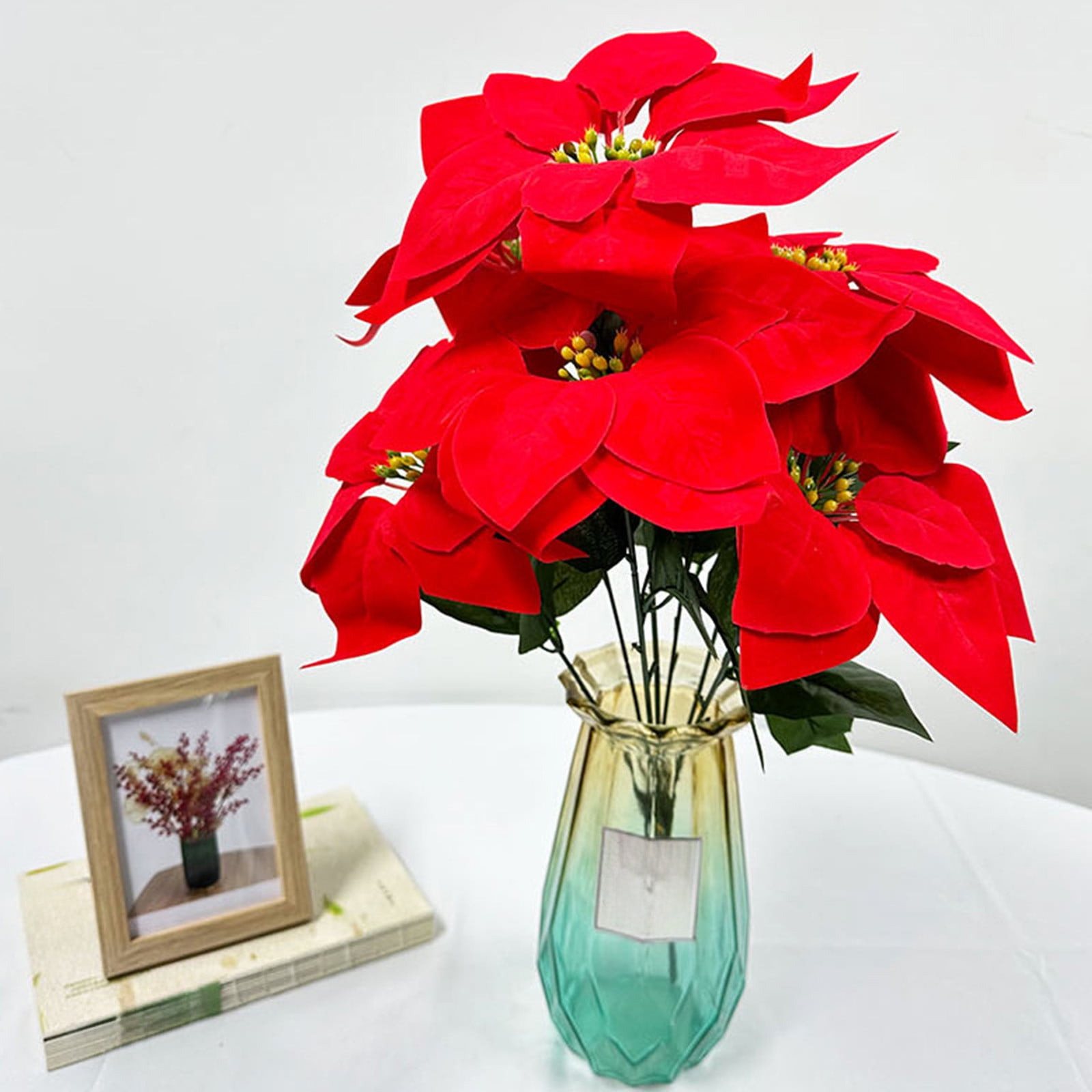 1 Artificial Poinsettia Christmas Bouquet Red Silk Flowers with Plastic ...