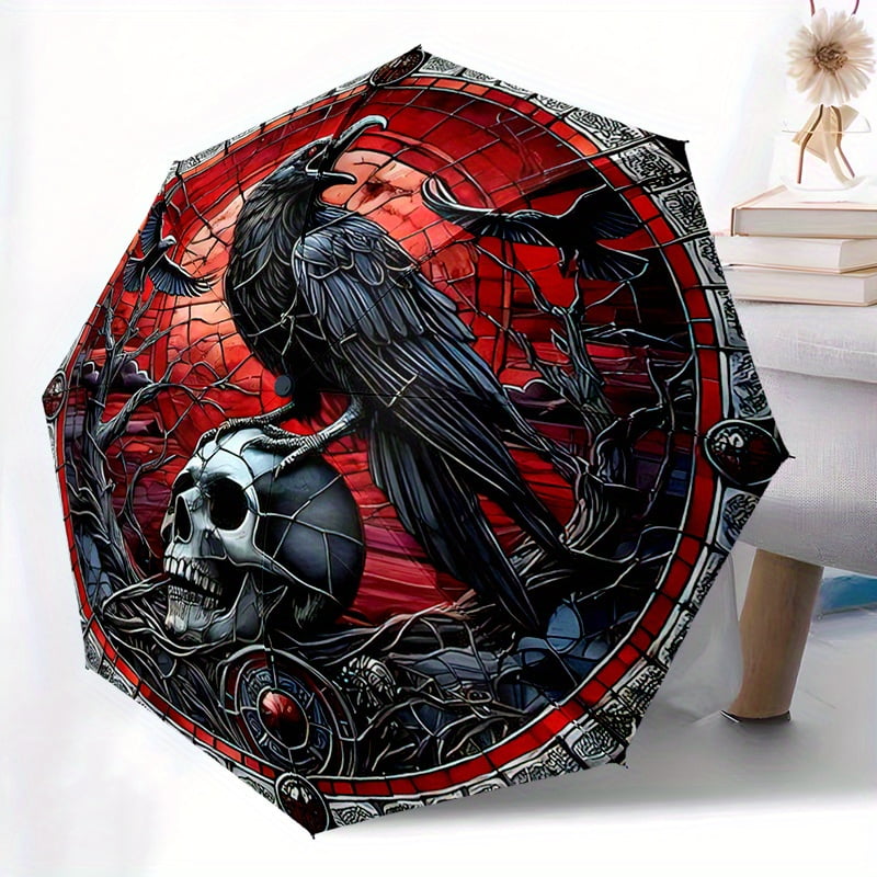 1 Automatic Folding Crow Skull Umbrella - Compact 8-Rib Design, Durable ...