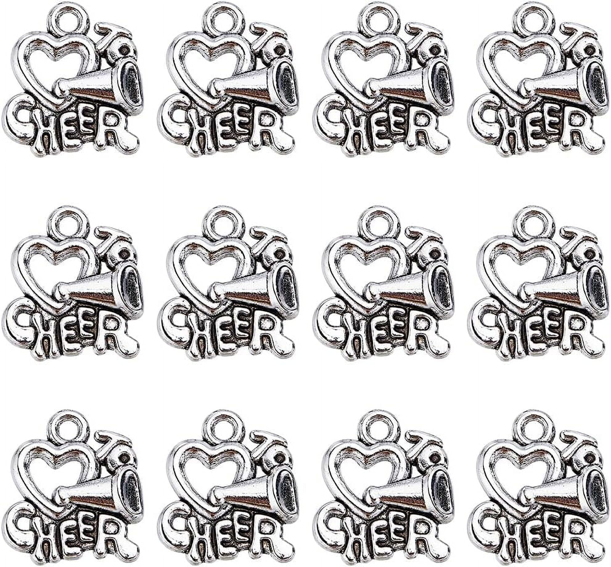 1 BOX 60PCS Silver Cheer Charms Cheer Megaphone Charm Cheerleader Heart Antique Alloy Love ...