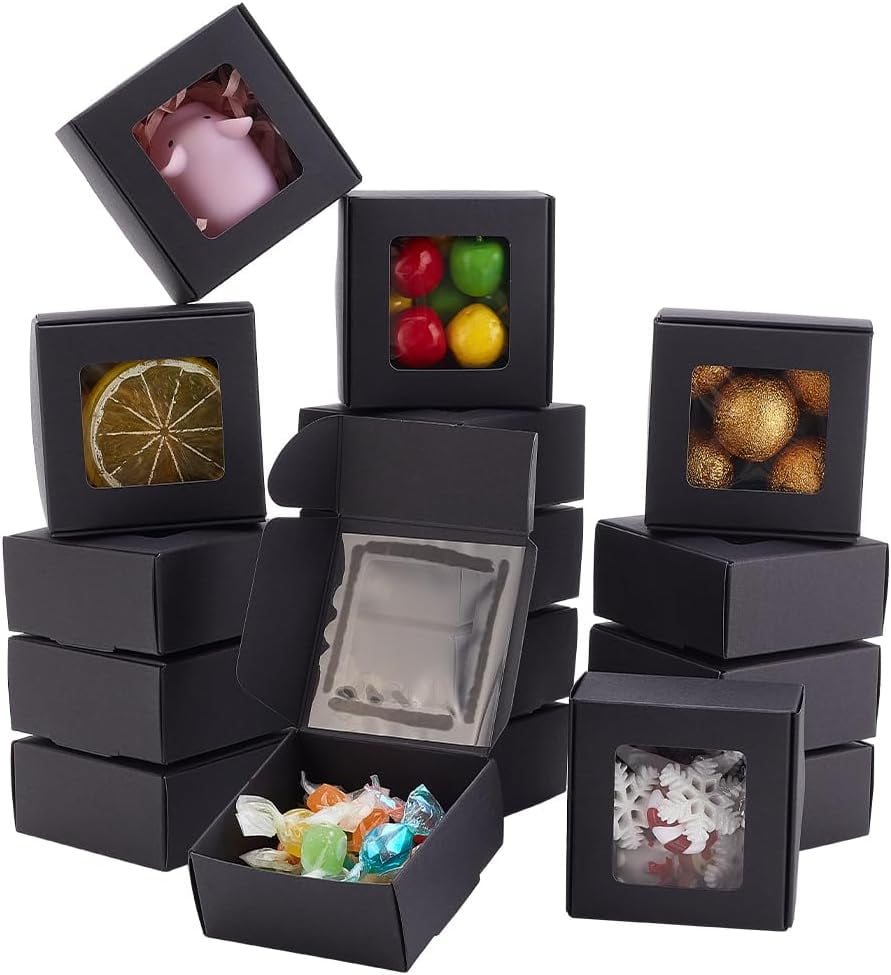 1 Bag 100 Pack Black Kraft Paper Boxes with Clear Window 2.5x2.5x1 ...