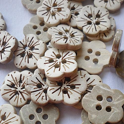 1 Bag 100Pcs Carved 4-Hole Basic Sewing Button in Flower Shape Coconut ...