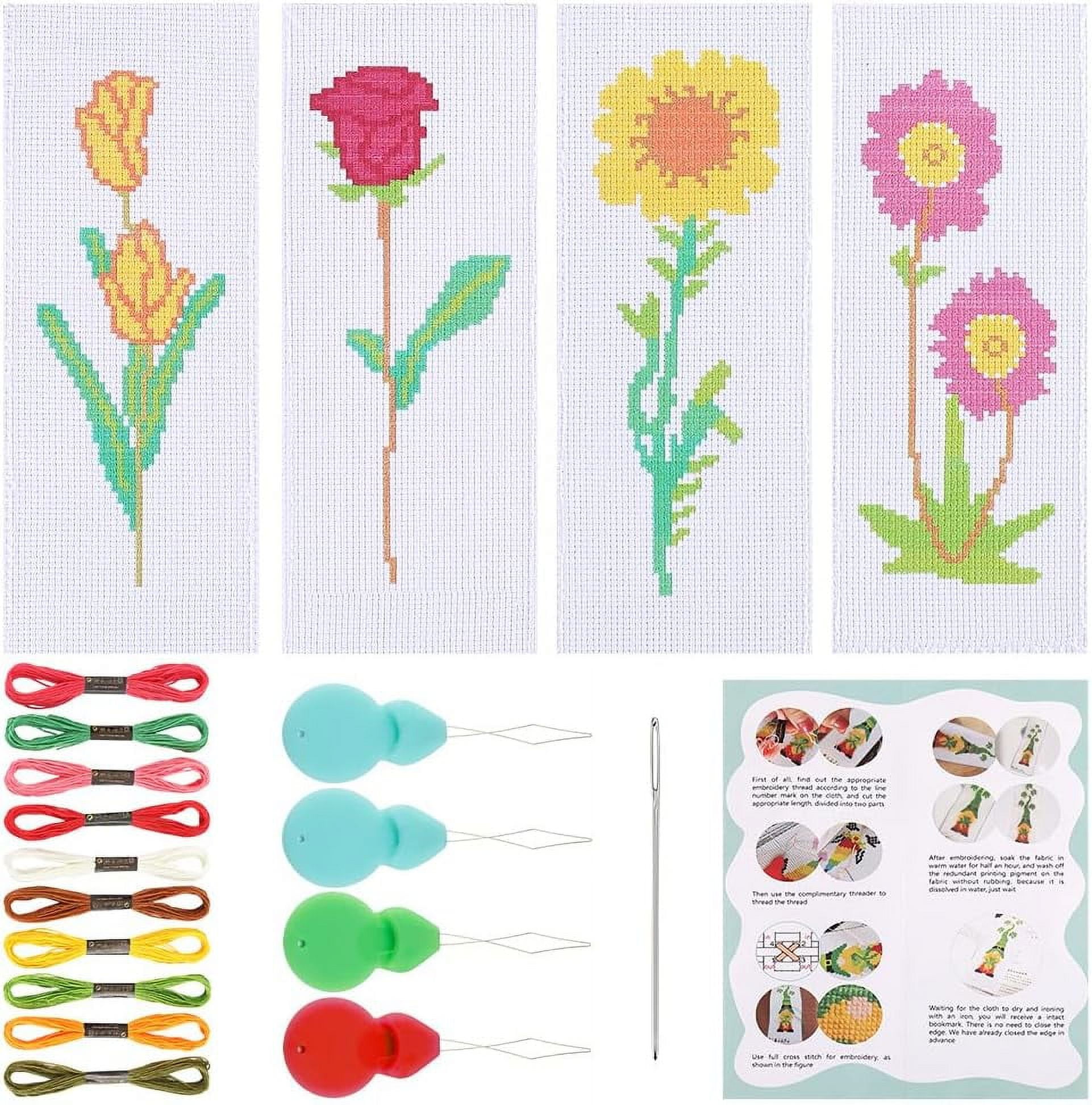 1 Bag 4 Sets Cross Stitch Bookmark Kit Flowers Rose Sunflower Stamped ...