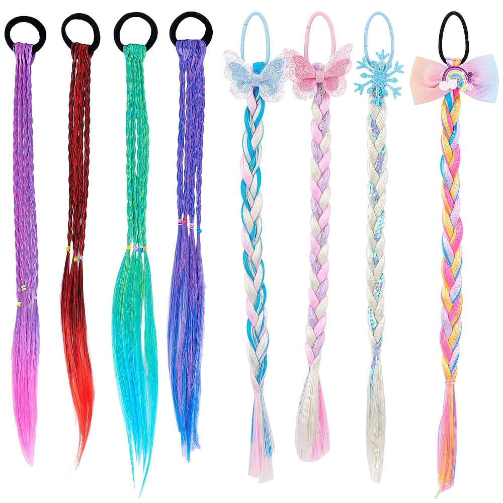 1 Bag 8 Pcs Colored Braids Hair Extensions with Rubber Bands Ponytails ...
