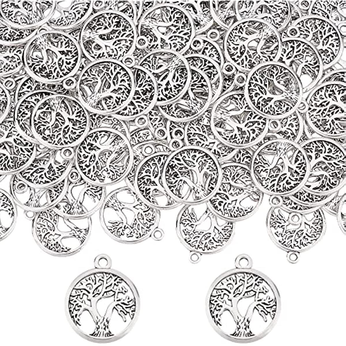 1 Box 100 Pcs Tree of Life Charms Bulk Tibetan Style Alloy Flat Round ...