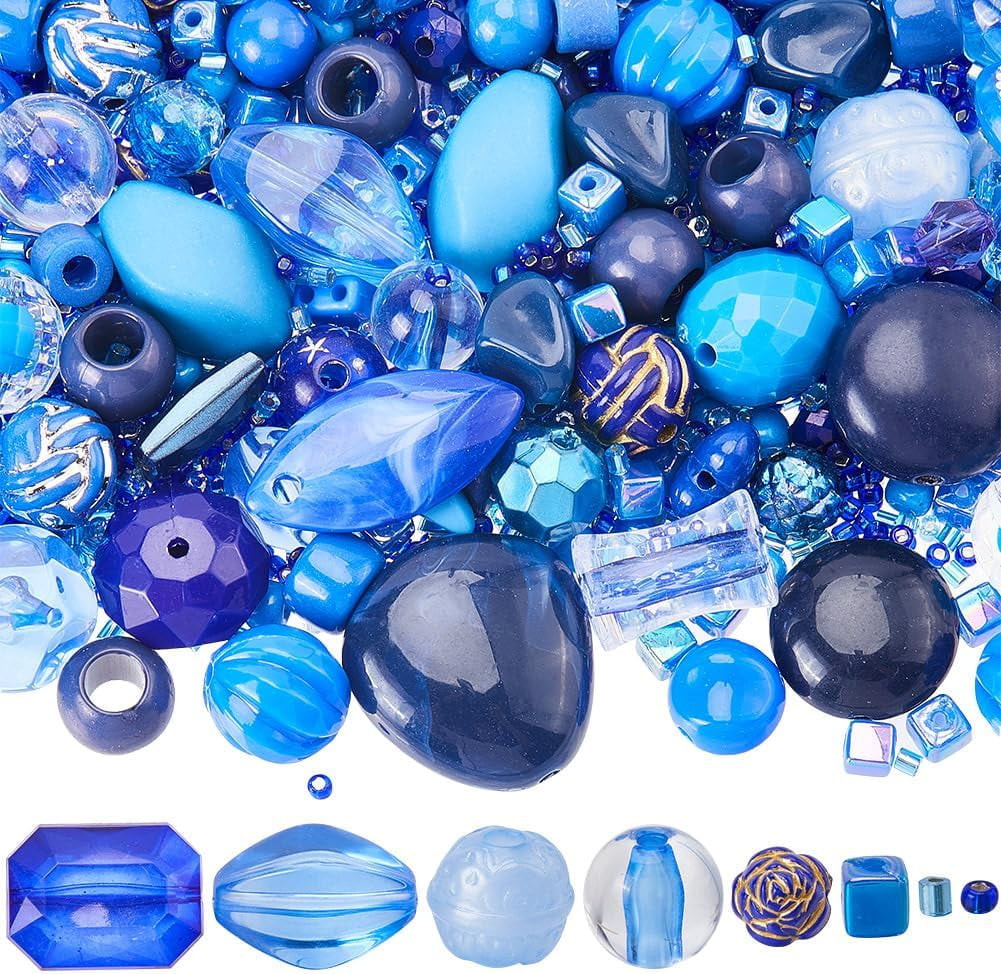 1 Box 100G Assorted Beads Bulk Blue Plastic Beads Cute Round Square ...
