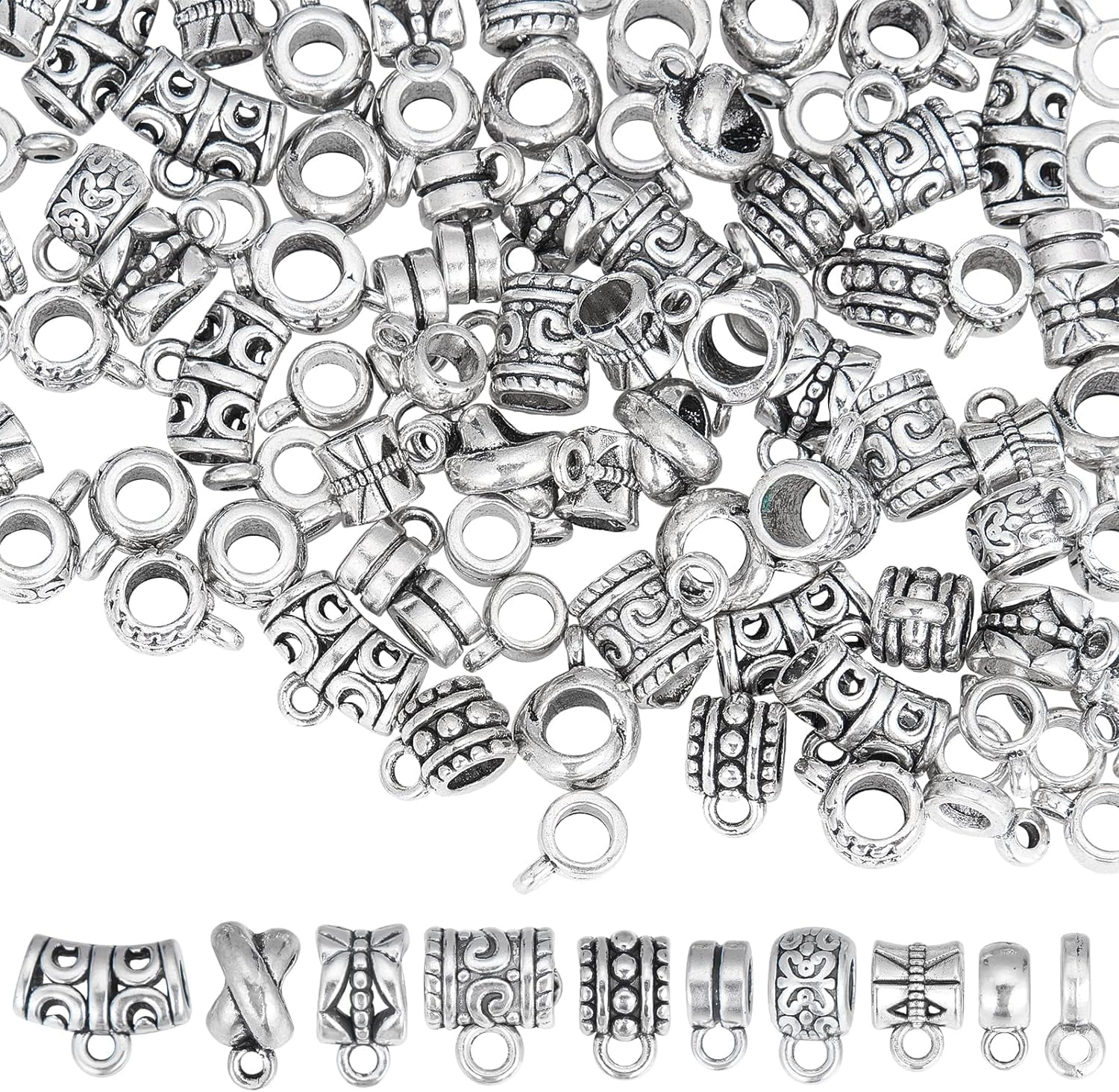 1 Box 100Pcs 10 Style Bails Beads Connector Bail Bead Tube Bails Hanger ...