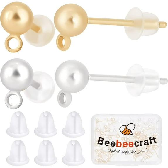 1 Box 100Pcs 2 Colors Ball Stud Earring Findings Stainless Steel Golden ...