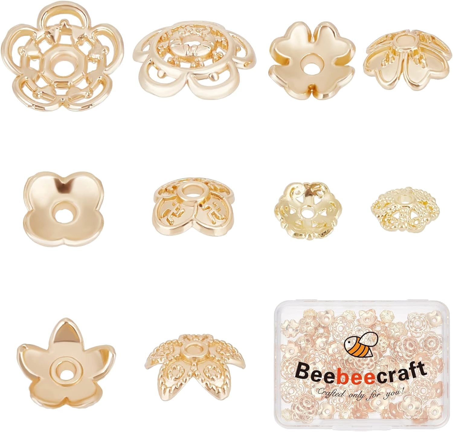 1 Box 100Pcs 5 Style Flower Bead Caps 14K Gold Plated Brass&Alloy ...