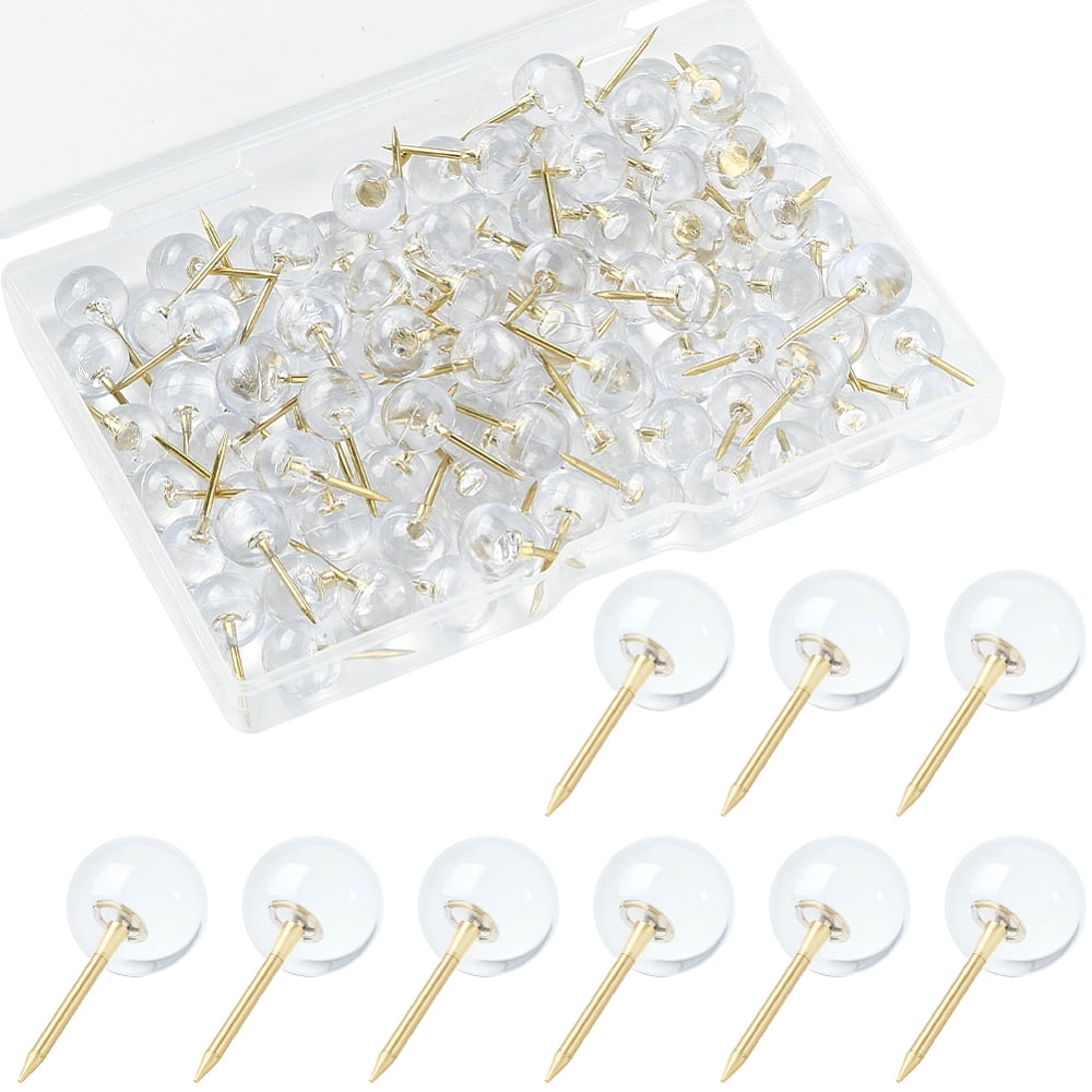 1 Box 100Pcs Ball Push Pins Clear Thumb Tacks with Gold Iron Pins Small ...
