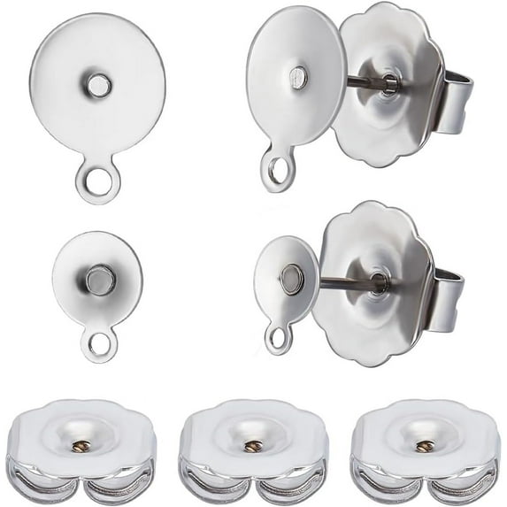 1 Box 100Pcs Flat Round Stud Earring Findings Stainless Steel Smooth ...