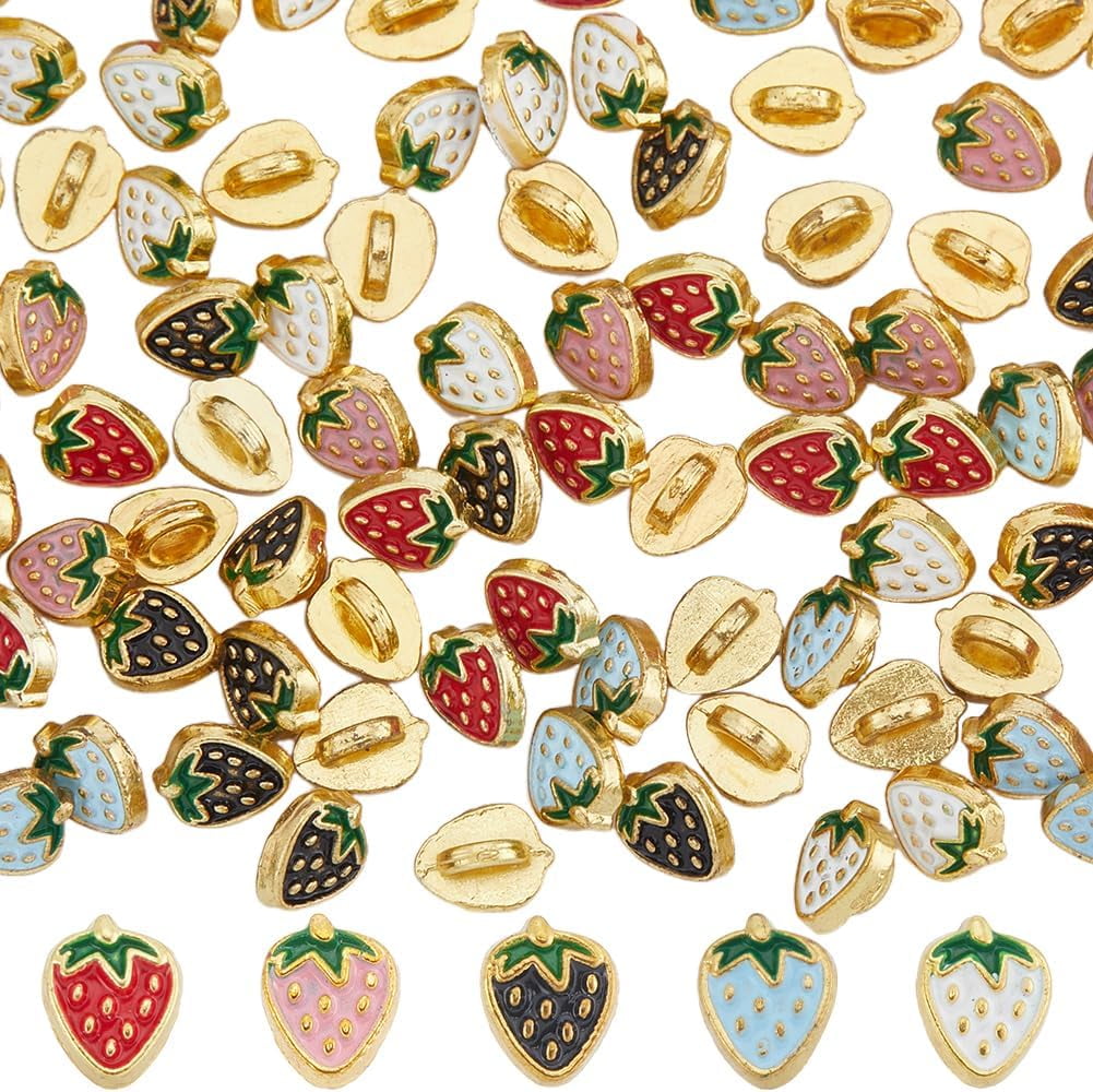 1 Box 100Pcs Mini Alloy Enamel Buttons 5 Colors Gold Base Strawberry ...