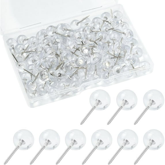 1 Box 100Pcs Round Ball Push Pins Clear Map Tacks with Iron Pins Small ...
