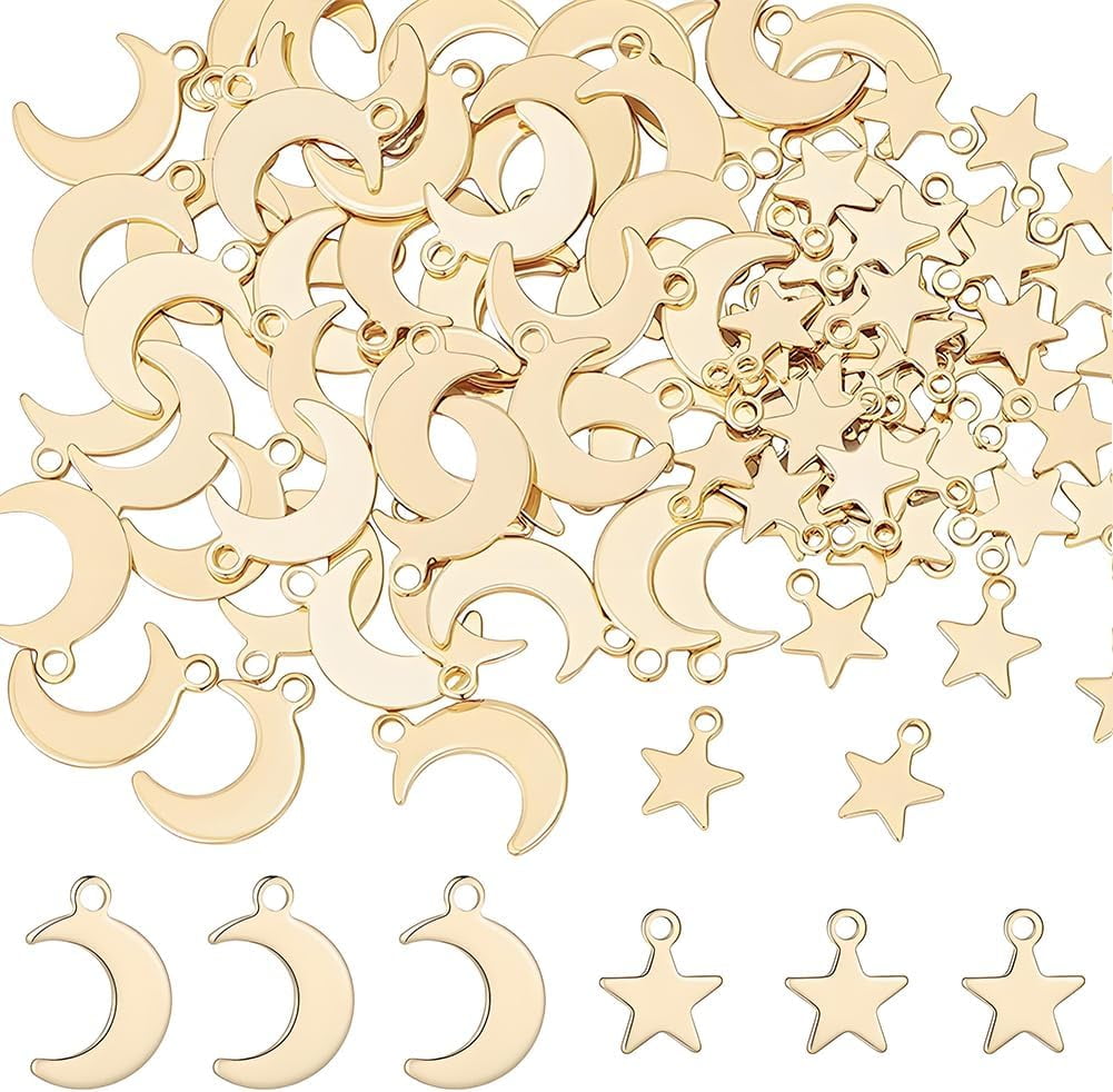 1 Box 100Pcs Star & Moon Charms 18K Gold Plated Stainless Steel Flat ...