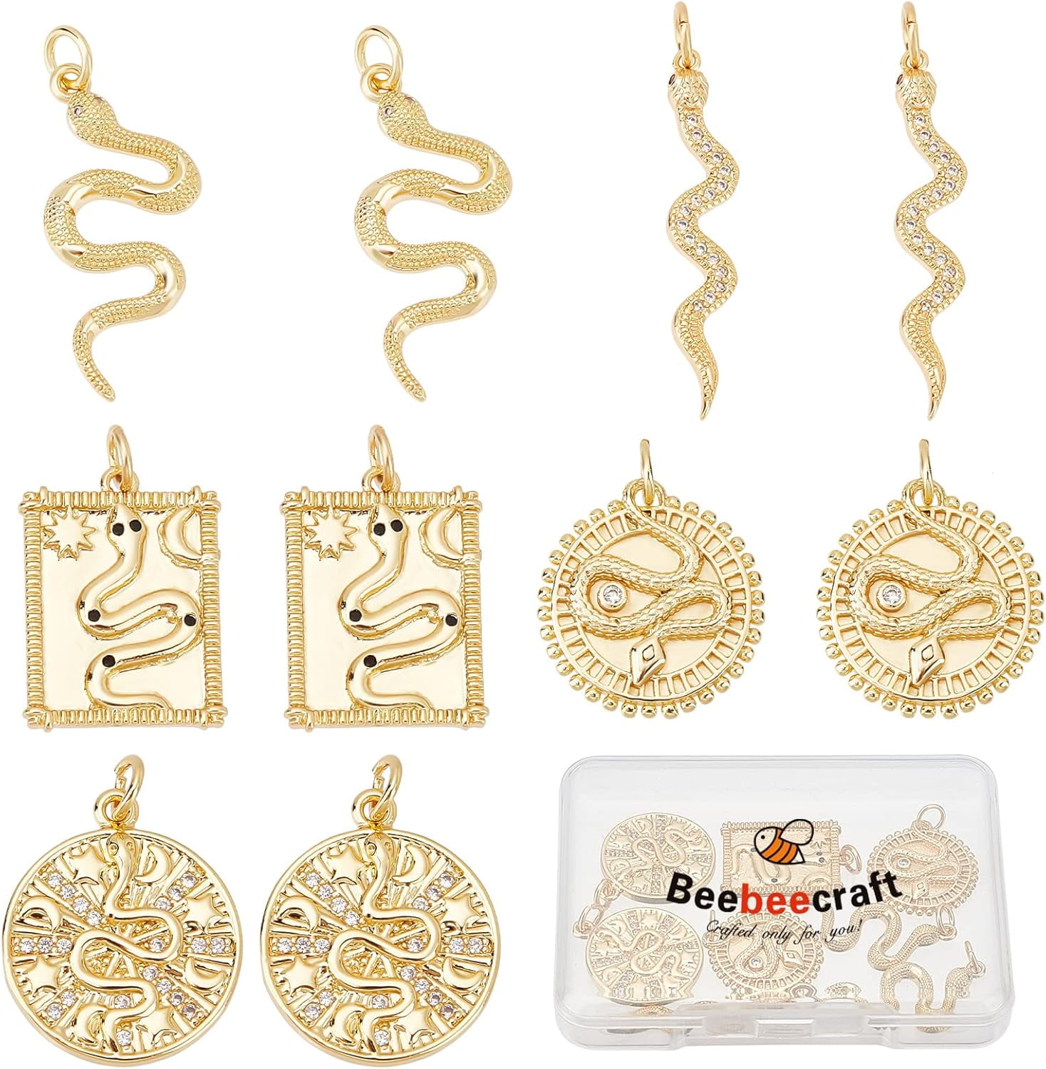 1 Box 10Pcs 5 Style Snake Charms Real 18K Gold Plated Snake Cubic ...