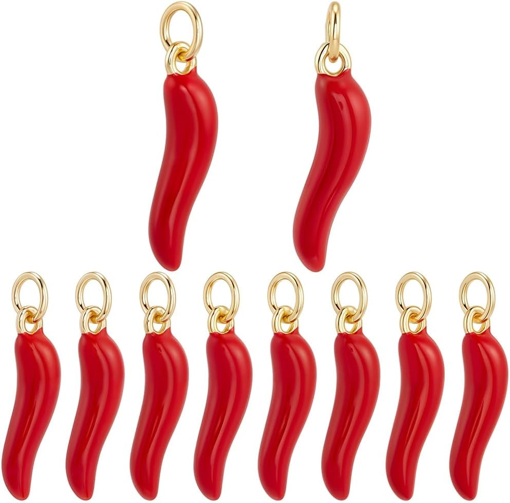 1 Box 10Pcs Chili Pepper Charms Red Enamel 16K Gold Plated Cornicello ...