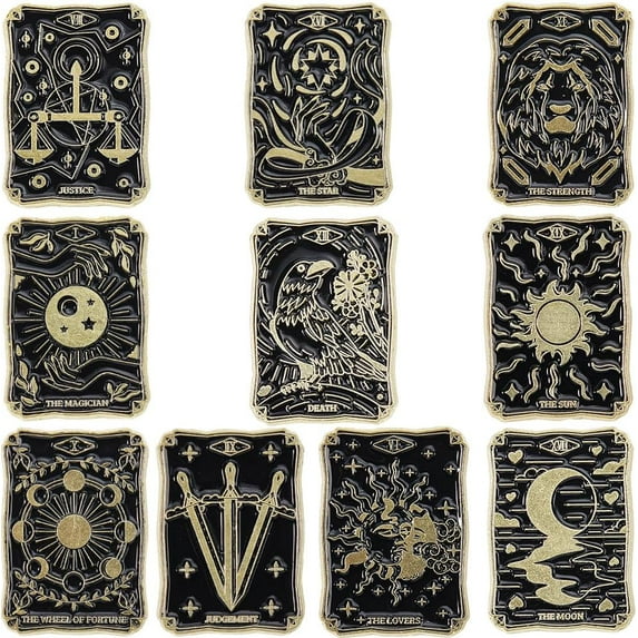 1 Box 10Pcs Cute Enamel Pin Set Tarot Card Pins Bulk Black Divination Themes Lapel Pins Alloy ...