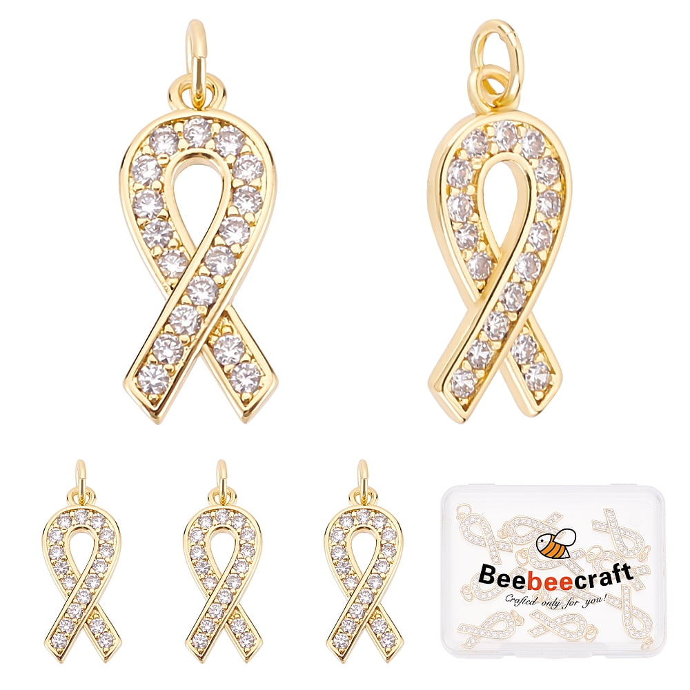 1 Box 10Pcs Ribbon Awareness Charms 18K Gold Plated Breast Cancer Hope ...
