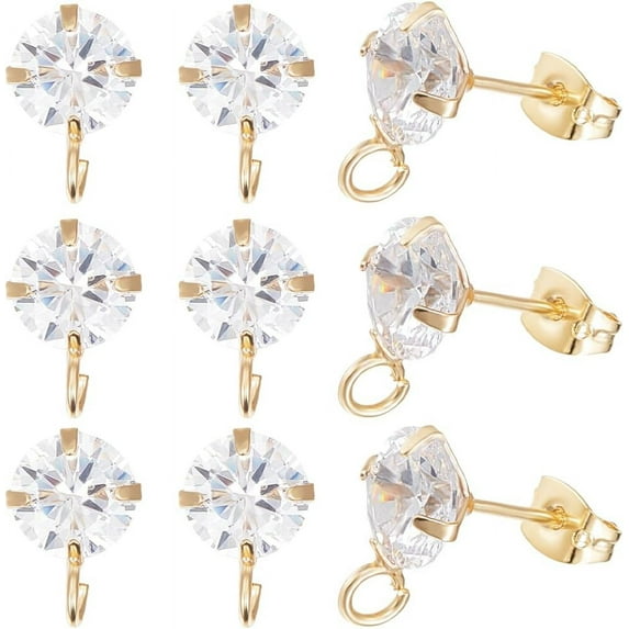 1 Box 10Pcs Stud Earring Findings 18K Gold Plated Cubic Zirconia Earrings with 2mm Hole for DIY ...