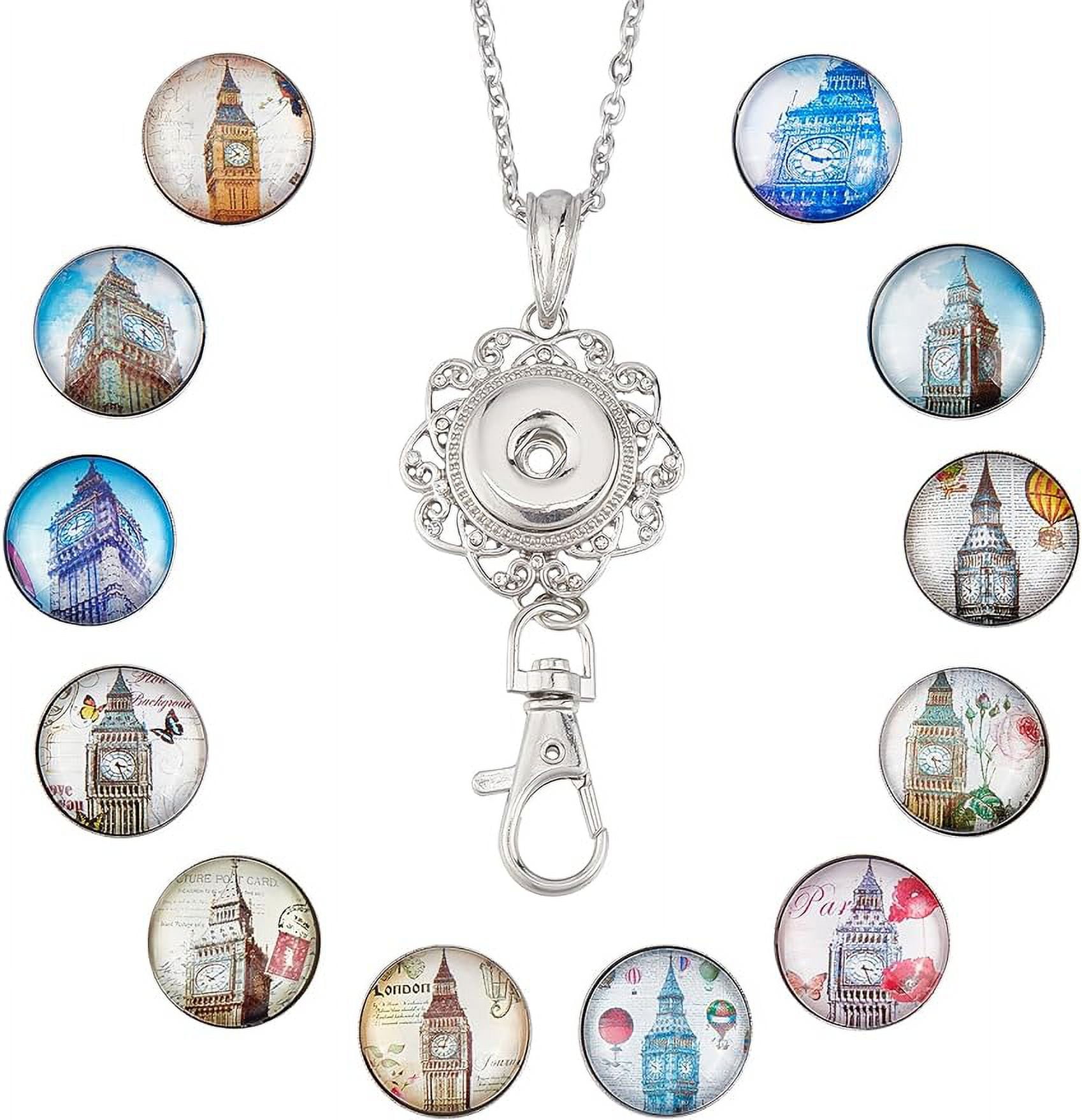 1 Box 12 Styles ID Badge Lanyard Necklace Set Big Ben Charm Glass Snap ...