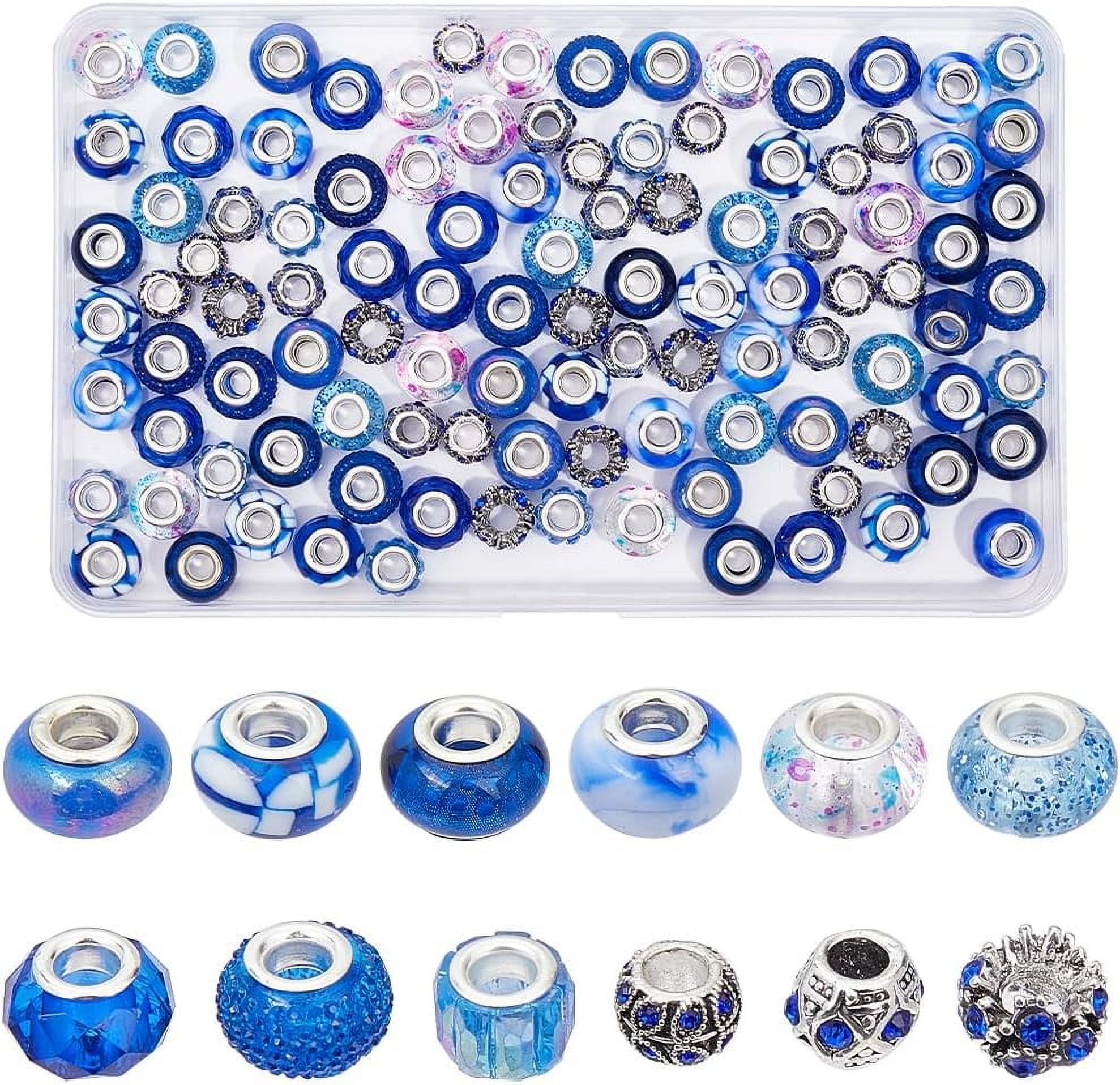 1 Box 120Pcs 12 Styles Blue European Beads Large Hole Rondelle Spacer ...