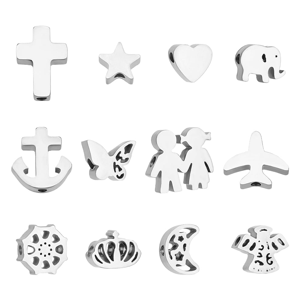 1 Box 12Pcs 12 Style 304 Stainless Steel Beads Mixed Shapes Stainless ...