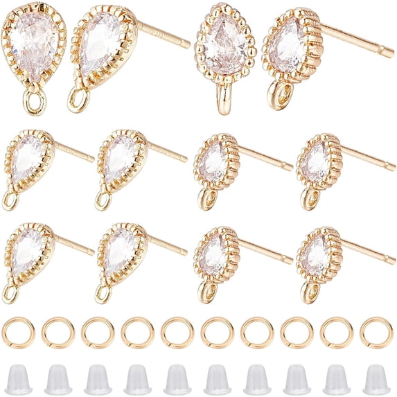 1 Box 12Pcs 2 Size 18K Gold Plated Brass Earrings Post Loop Cubic ...