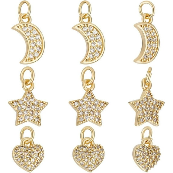 1 Box 12Pcs 3 Style Brass Micro Pave Clear Cubic Zirconia Charms Moon Heart Star Charms with ...