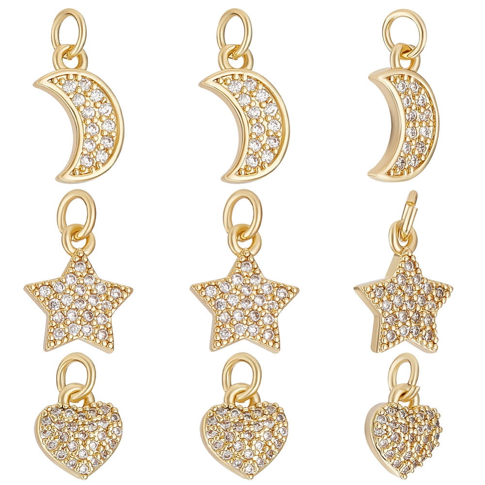1 Box 12Pcs 3 Style Brass Micro Pave Clear Cubic Zirconia Charms Moon ...