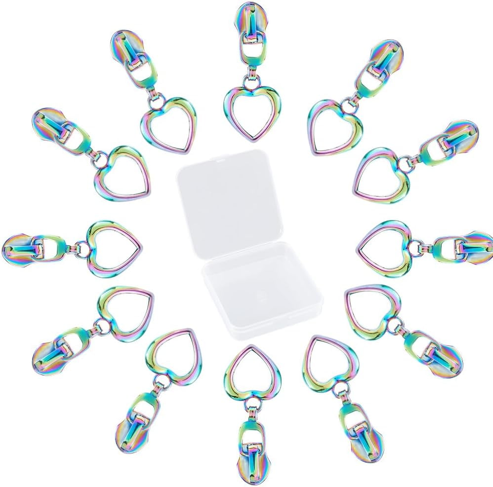1 Box 12Pcs #5 Rainbow Zipper Alloy Heart Shape Zipper Sliders Pull ...