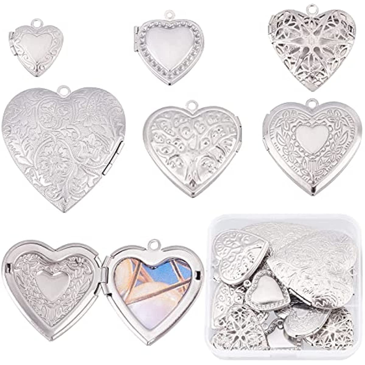 SFTD Stainless Steel Heart Locket Photo Frame Pendants, 6 Styles, DIY ...